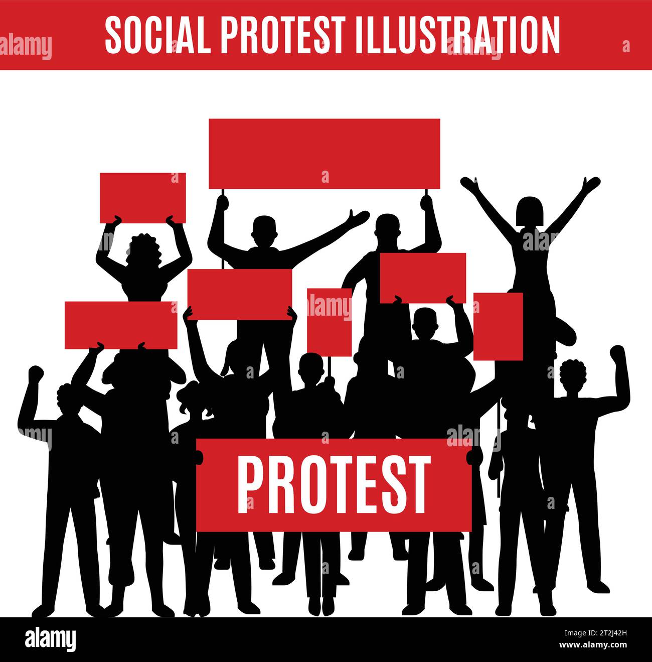 Composition with black silhouettes of protesting crowd rioters holding ...