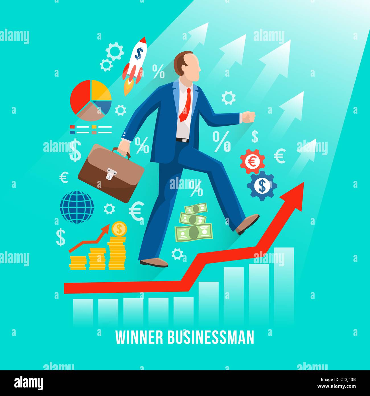Successful businessman symbolic flat poster with winner rising along ...