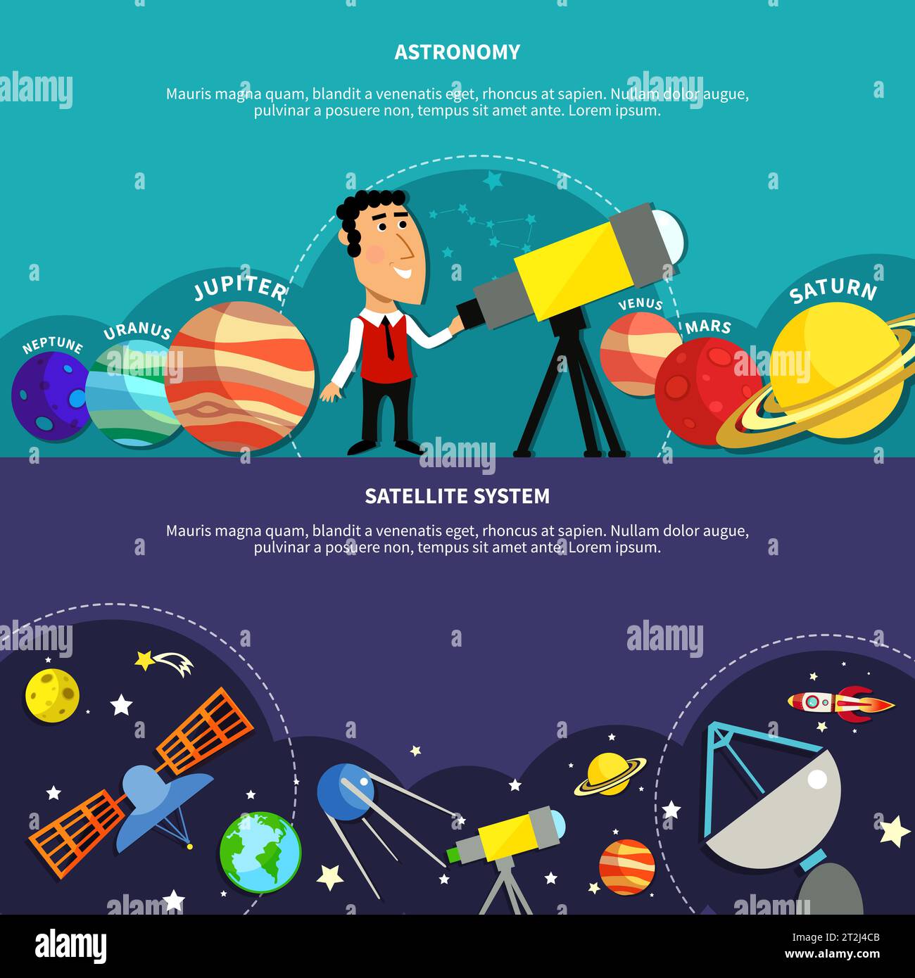 Astronomy horizontal banners set with satellite system symbols flat isolated vector illustration ...