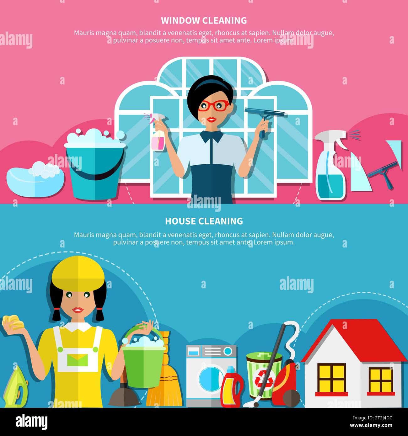 Set of two horizontal banners with cleaning icons scrubwomen cartoon ...