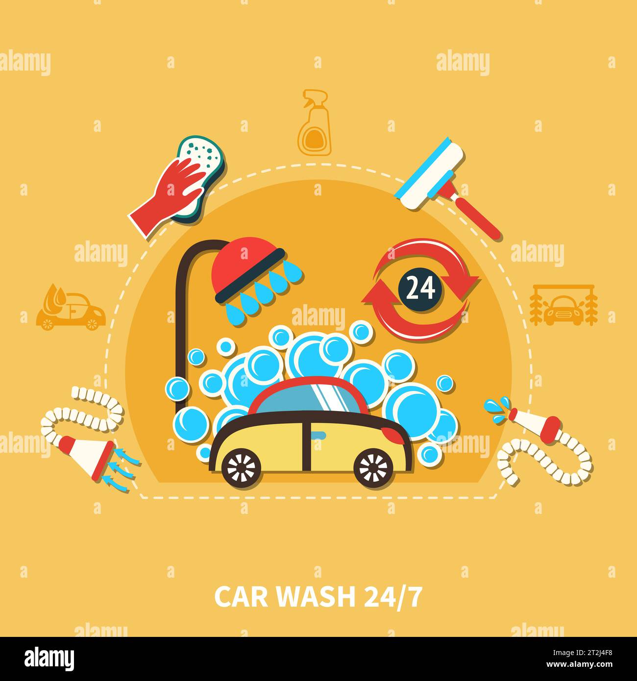 Car wash round composition with doodle car in soap bubbles machinery ...