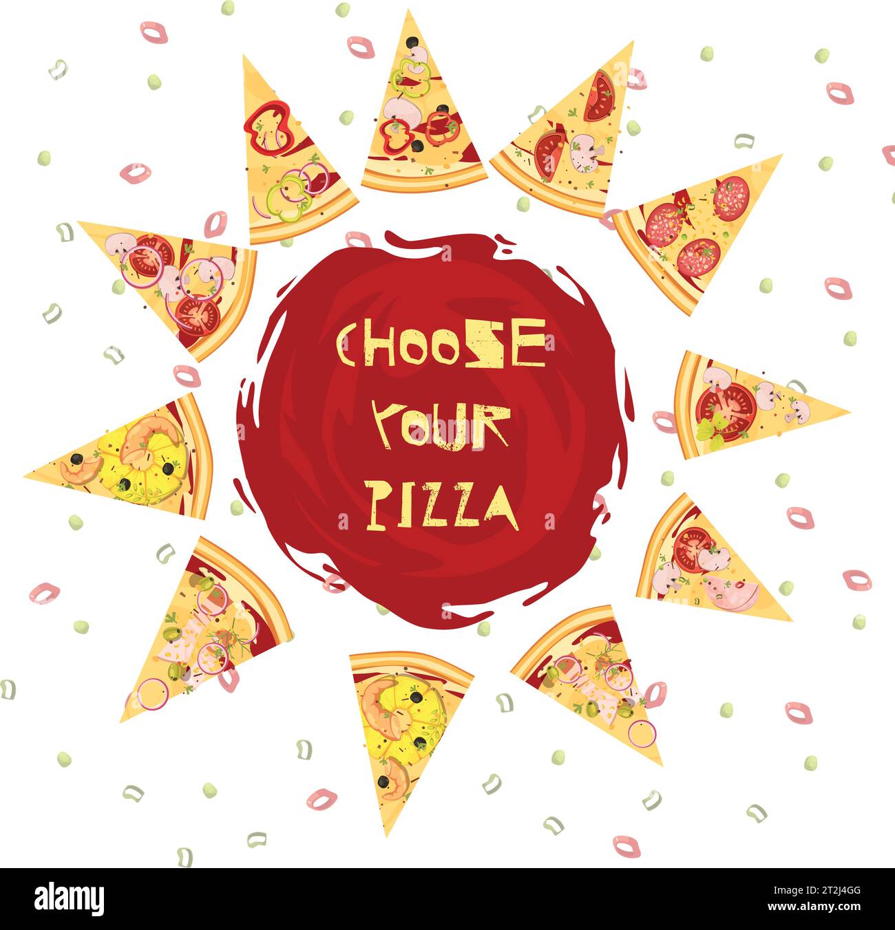 Choice of pizza round design with advertising slogan on tomato sauce ...