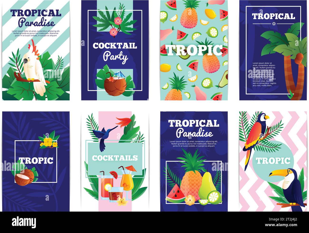 Tropical banners cards set with cocktail party paradise fruits vector ...