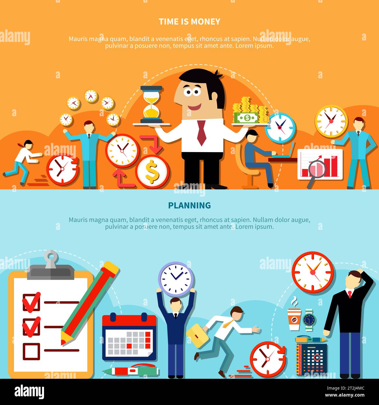 Two horizontal time management banners with flat human characters ...