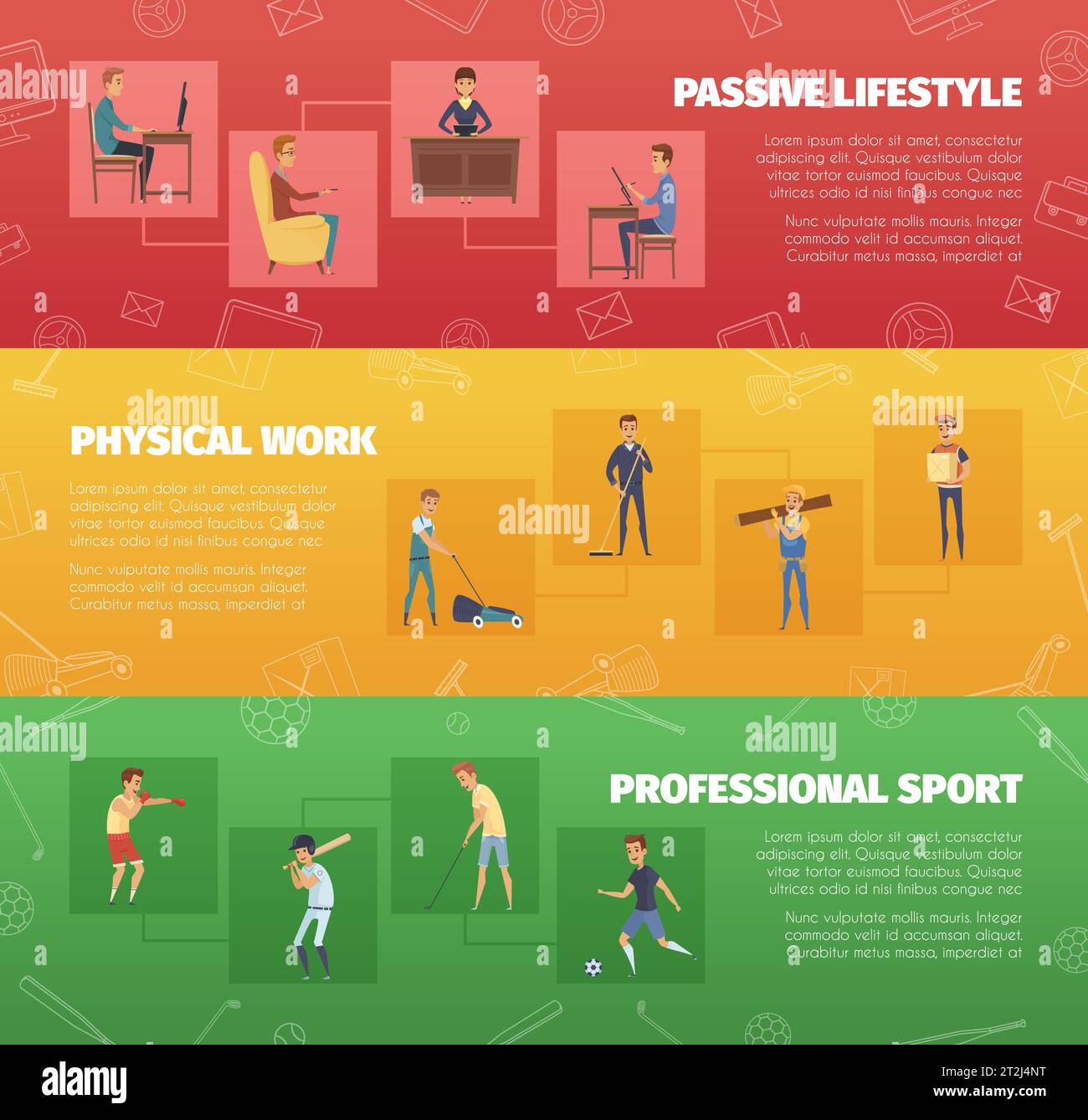 Three horizontal banners set with physical work and sport activities ...