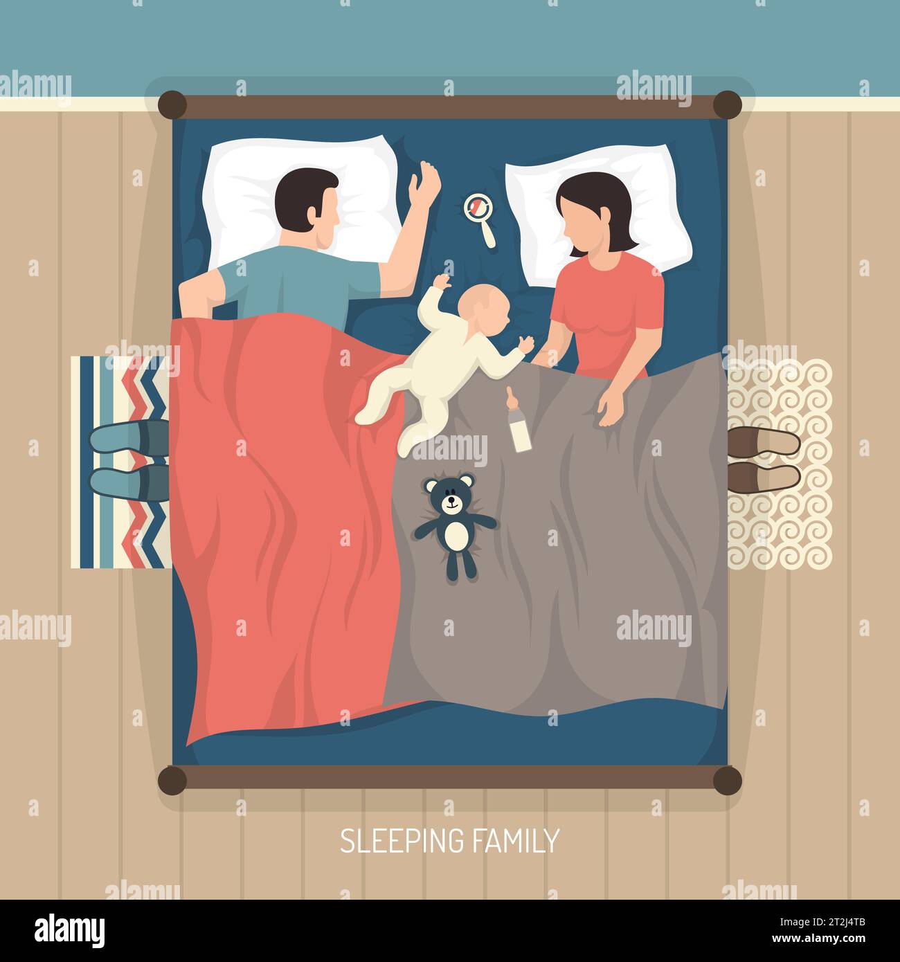 Top view of young family sleeping at home on double bed with nursing ...