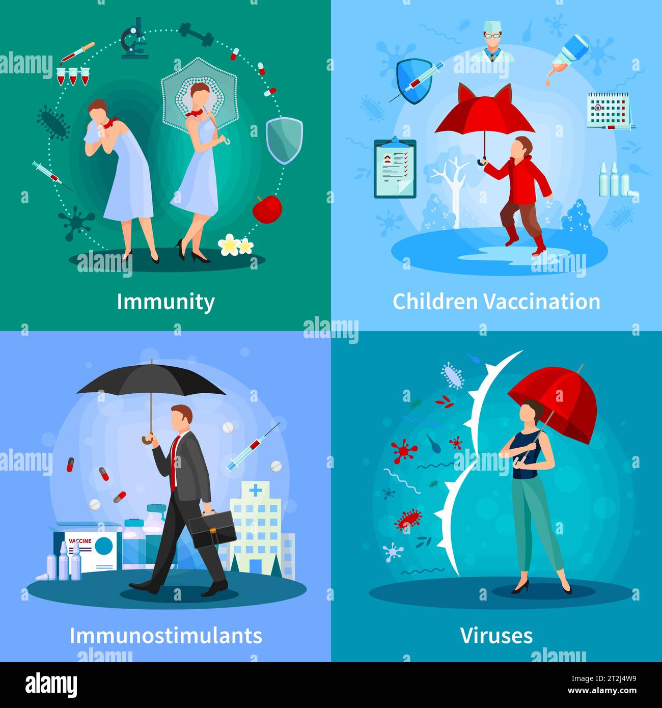 Immune system concept with people under umbrellas madication and ...