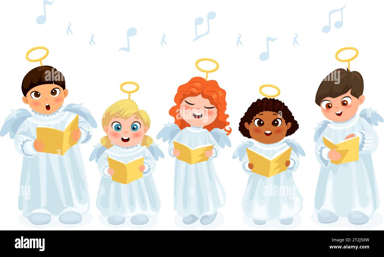 Little kids in angel costumes going Christmas caroling flat vector ...