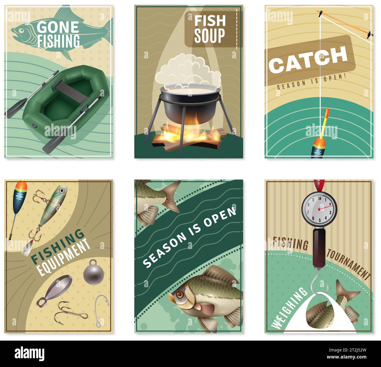 Freshwater fishing 6 mini posters collection with fisherman equipment ...