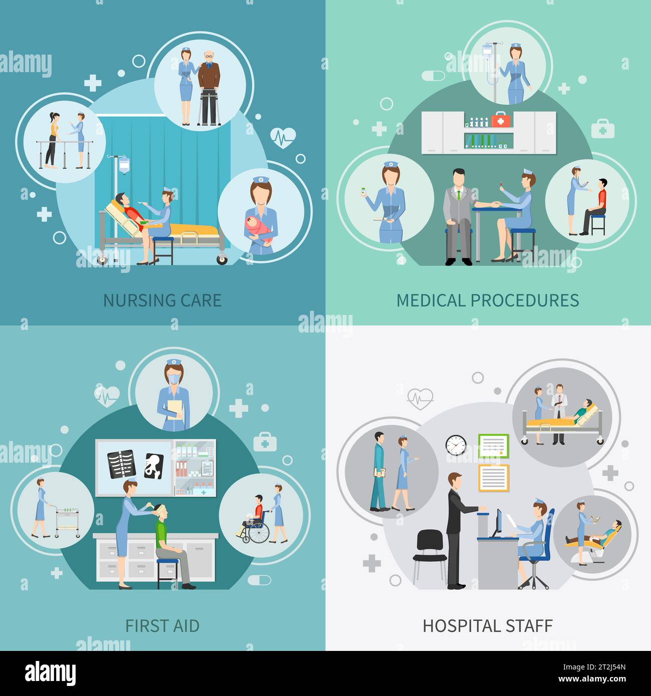 Nurse health care 2x2 design concept set of hospital staff providing ...
