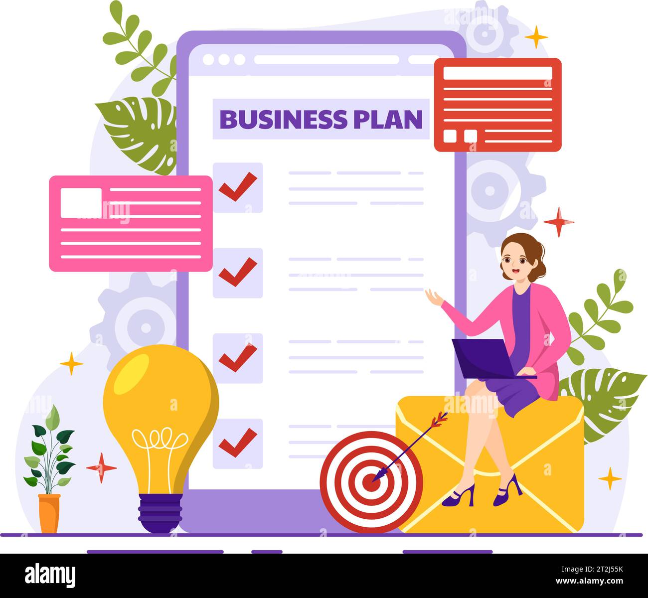 Business Plan Vector Illustration with Target, Planning, Workflow, Time ...