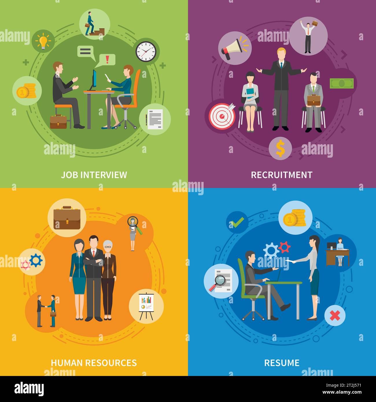Recruitment HR people 2x2 flat icons set with job interview and resume ...
