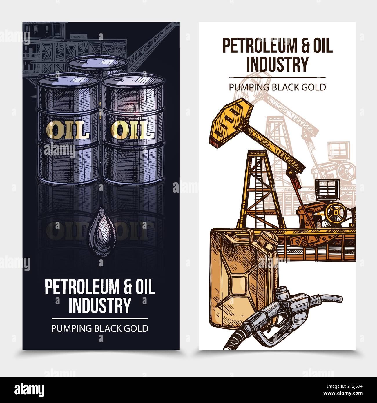Oil industry vertical banners with rig tanks canister icons and pumping ...