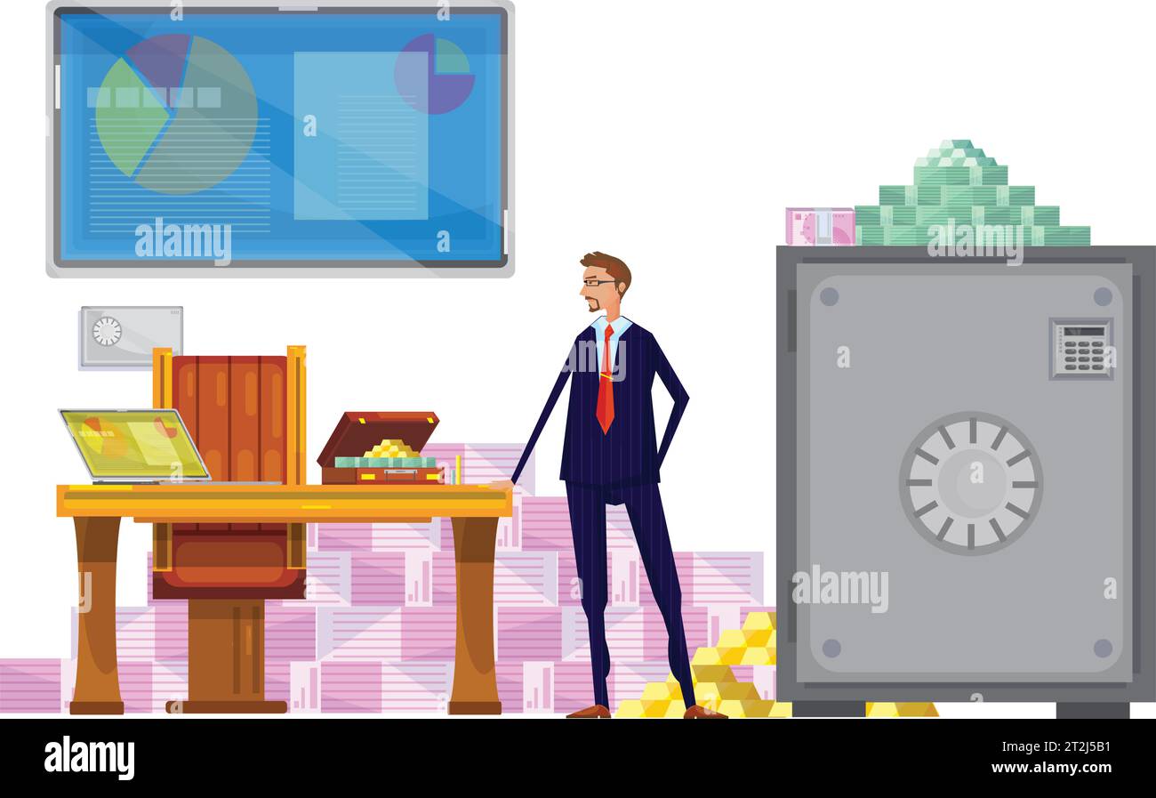 Flat composition with financial worker character in private office ...