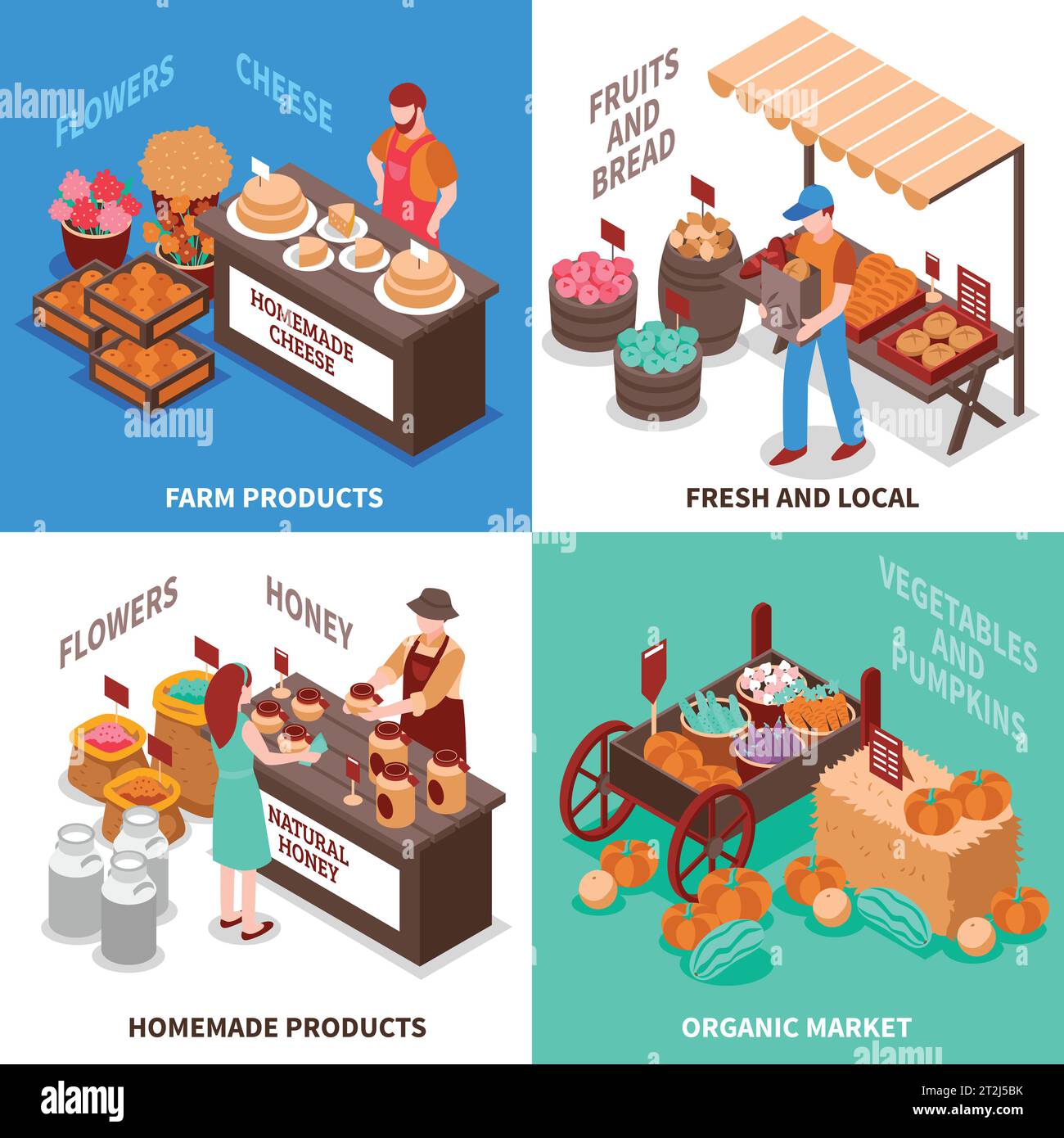 Farmers market design concept with four isometric square trade fair ...