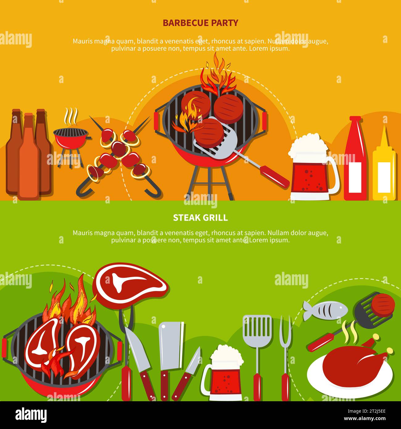 Steak grill on barbecue party with food and drinks on two horizontal ...