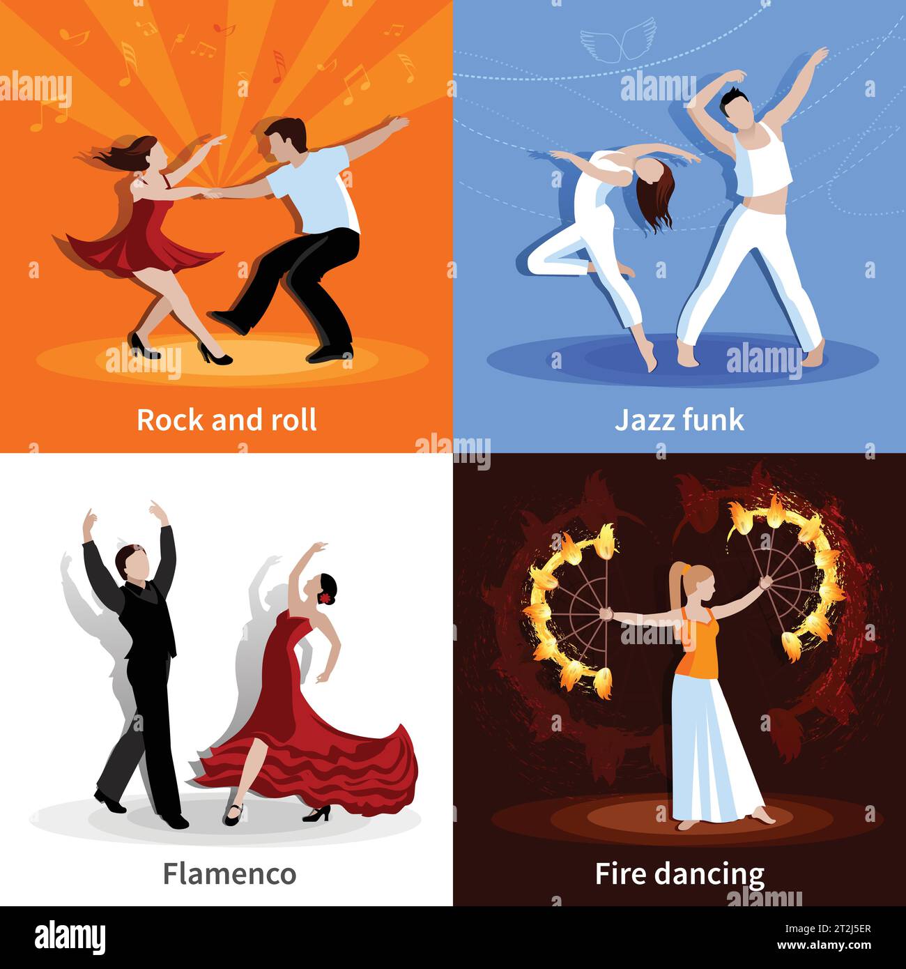 Performing various styles of dancing people 2x2 flat icons set isolated ...