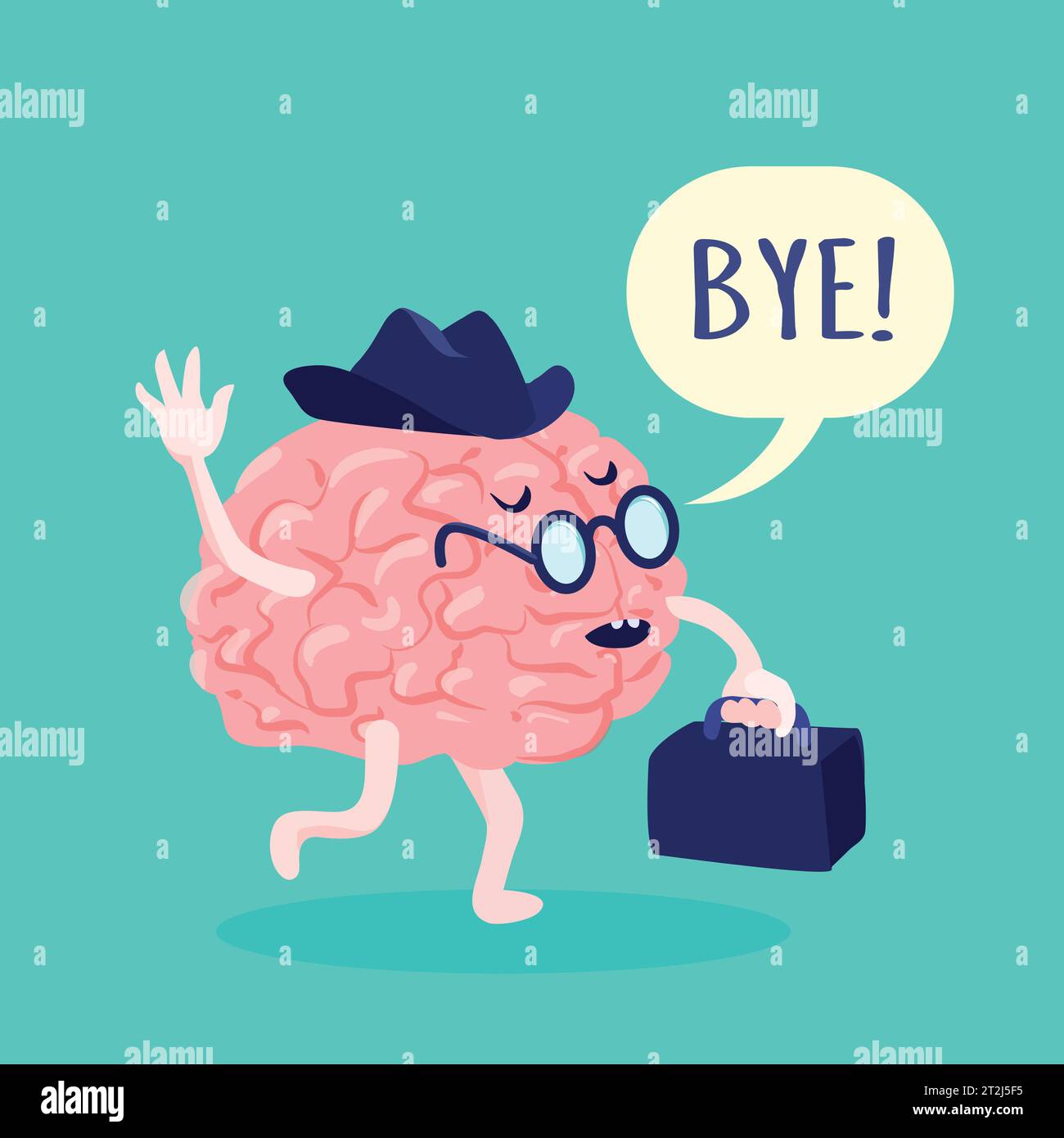 Brain in hat and glasses saying bye with suitcase flat vector ...