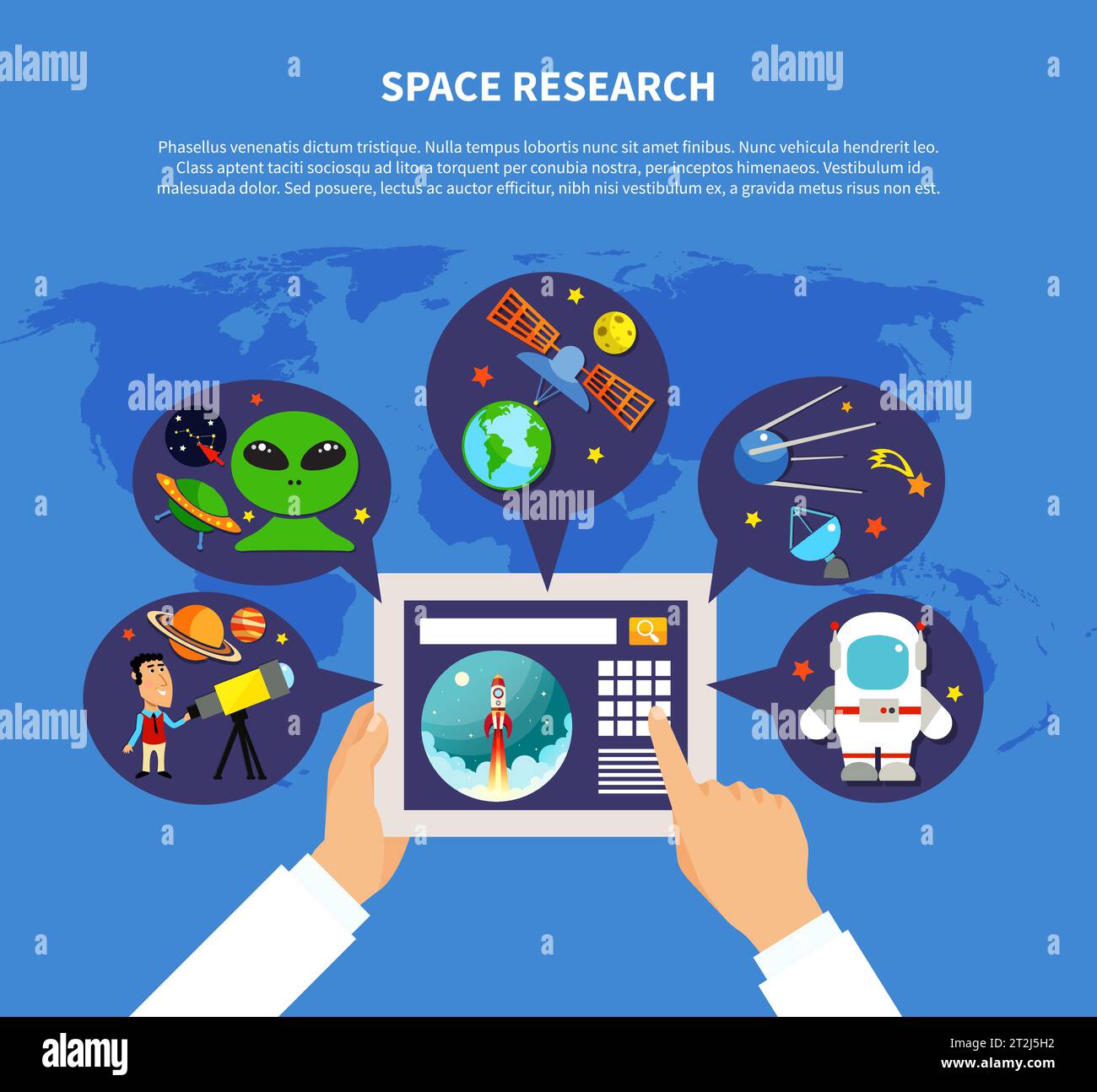Space research concept with UFO and satellites symbols flat vector ...