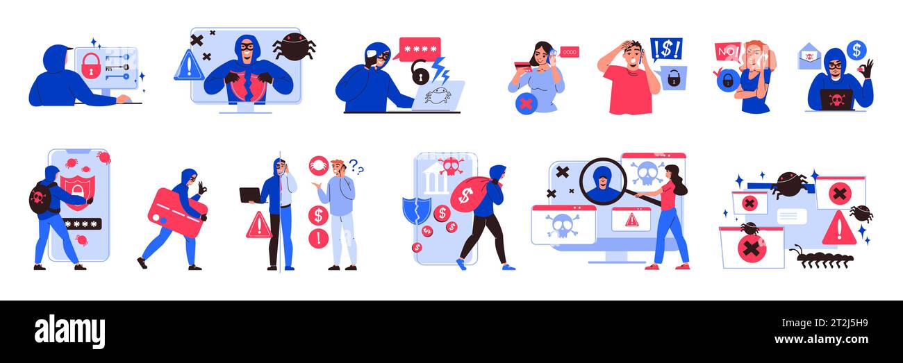 Hacker crime flat icons set with cyber security symbols isolated vector ...