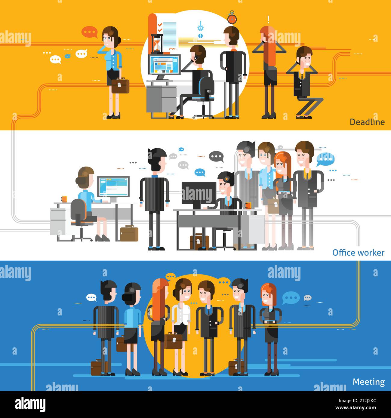 Office people cartoon horizontal banners with workers groups ...