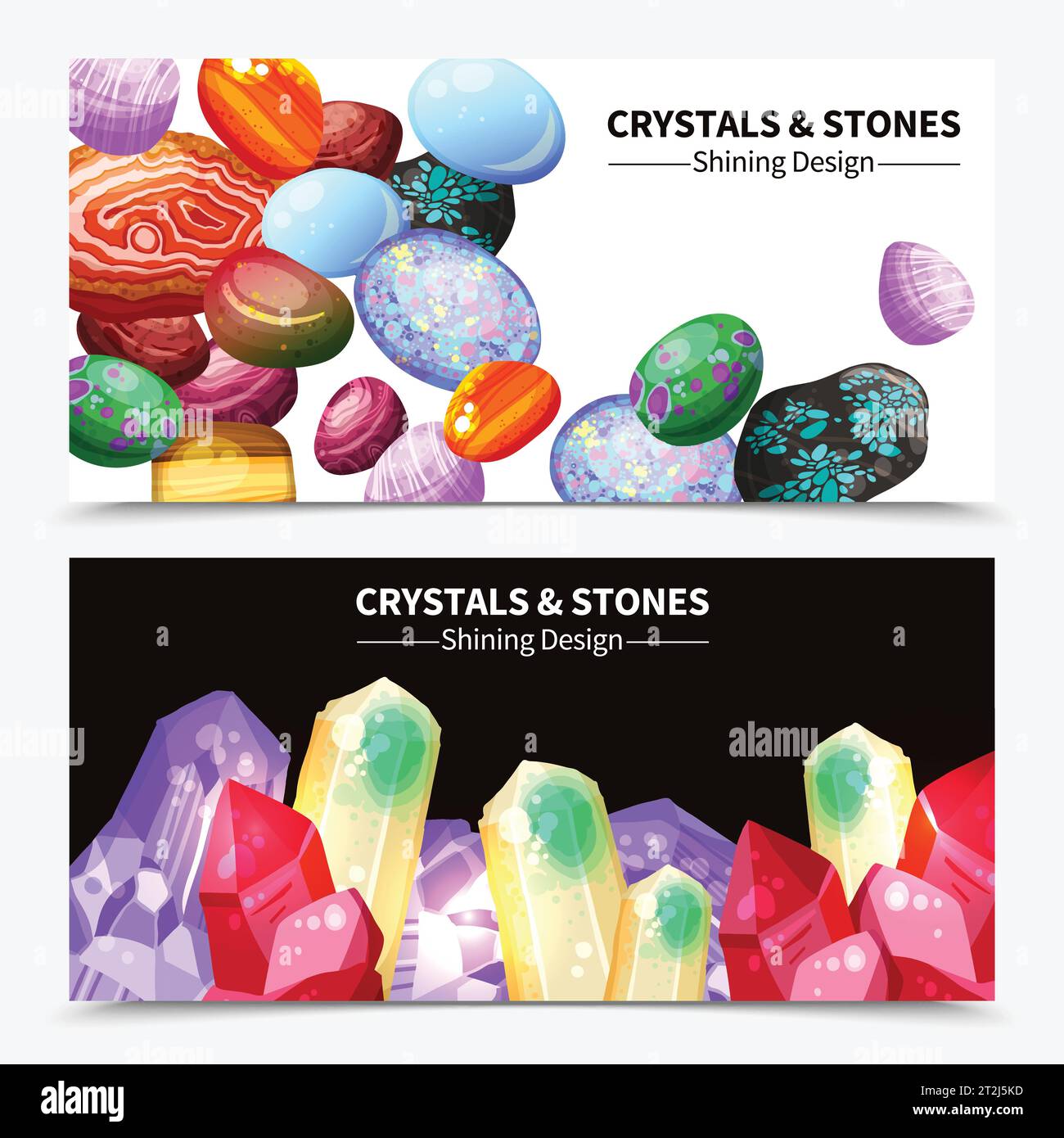 Horizontal crystal stones and rocks with shining design on white and ...