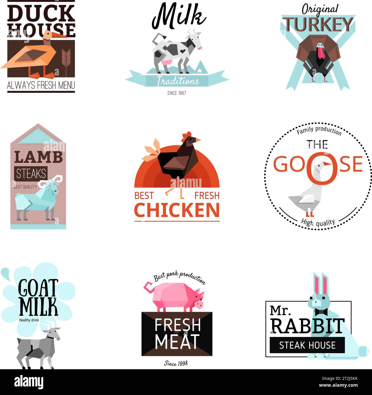 Colorful geometric food logo set offering best quality meat and milk ...