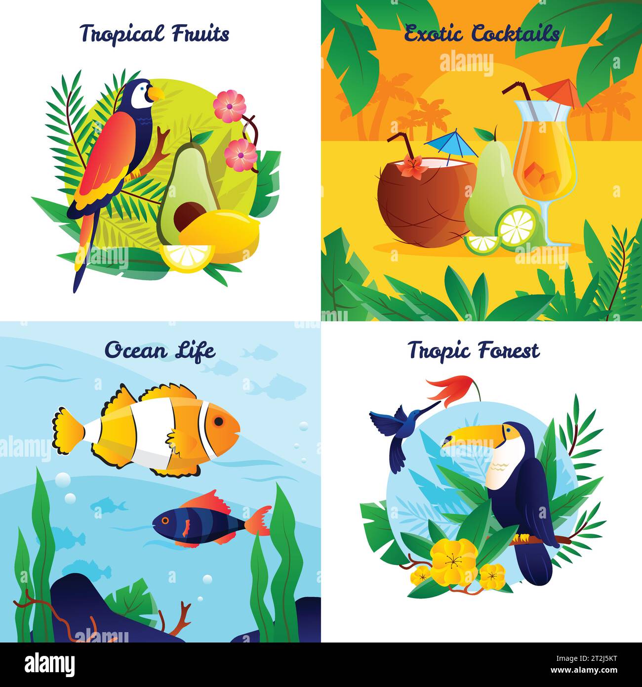 Tropical design concept with fruits exotic cocktails ocean life vector ...