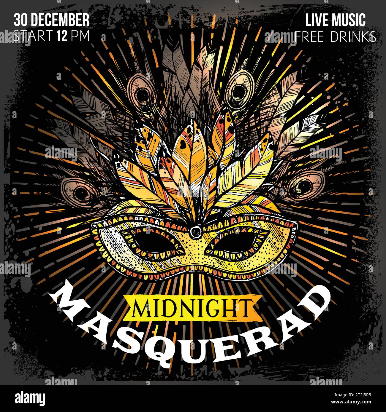 Midnight masquerade party poster with time place and big beautiful mask ...