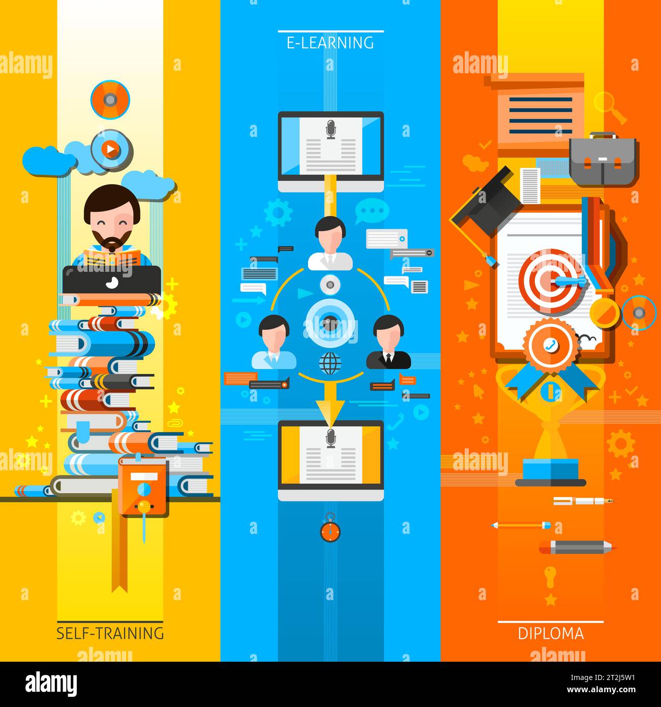 Online education vertical banners set with self-training symbols flat ...