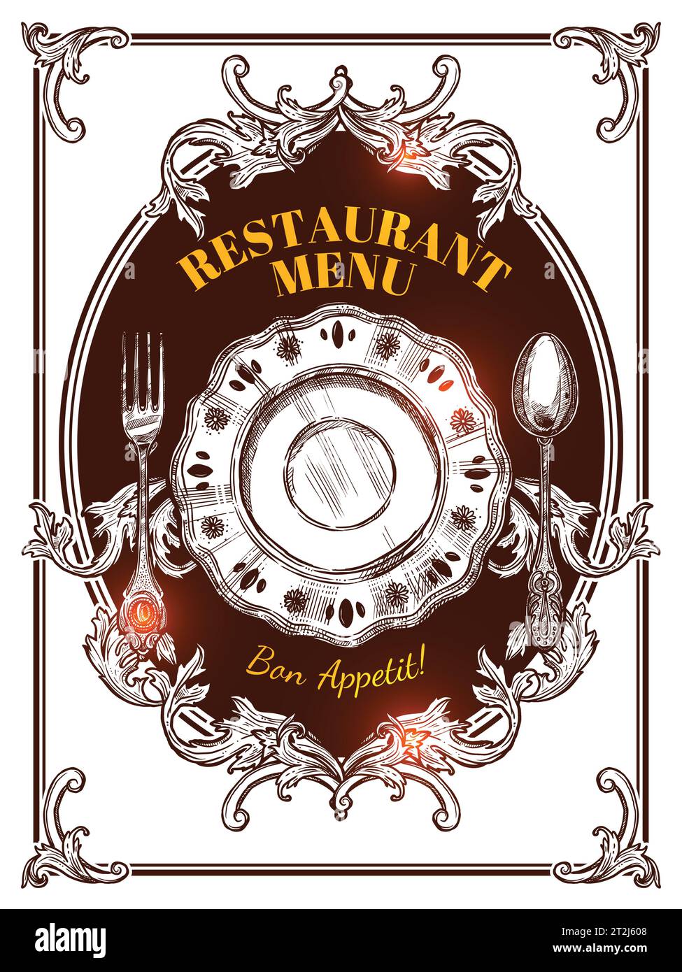 Restaurant menu hand drawn vintage cover with elements of serving and ...