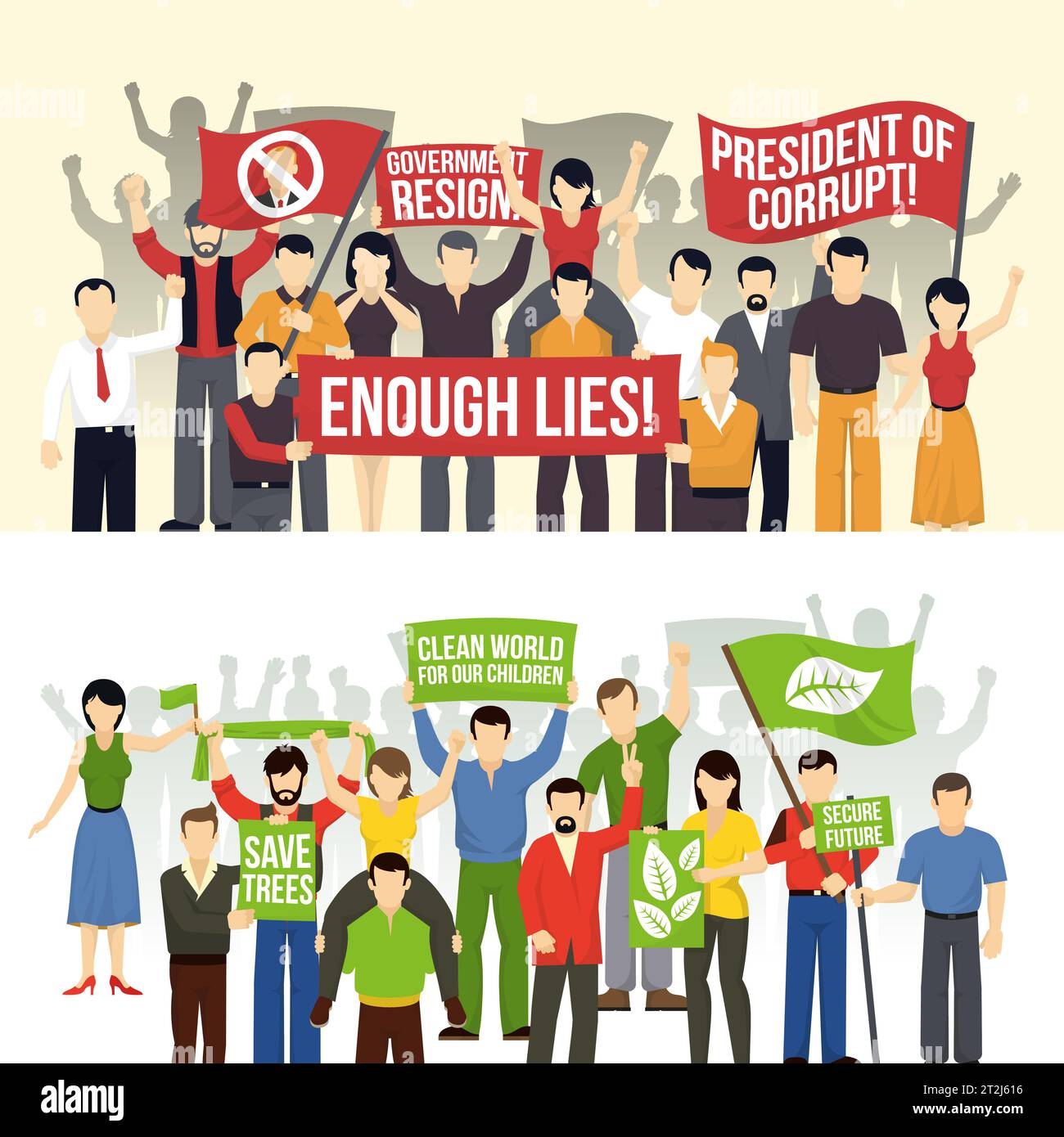 Political and ecological demonstrations horizontal banners with crowd ...