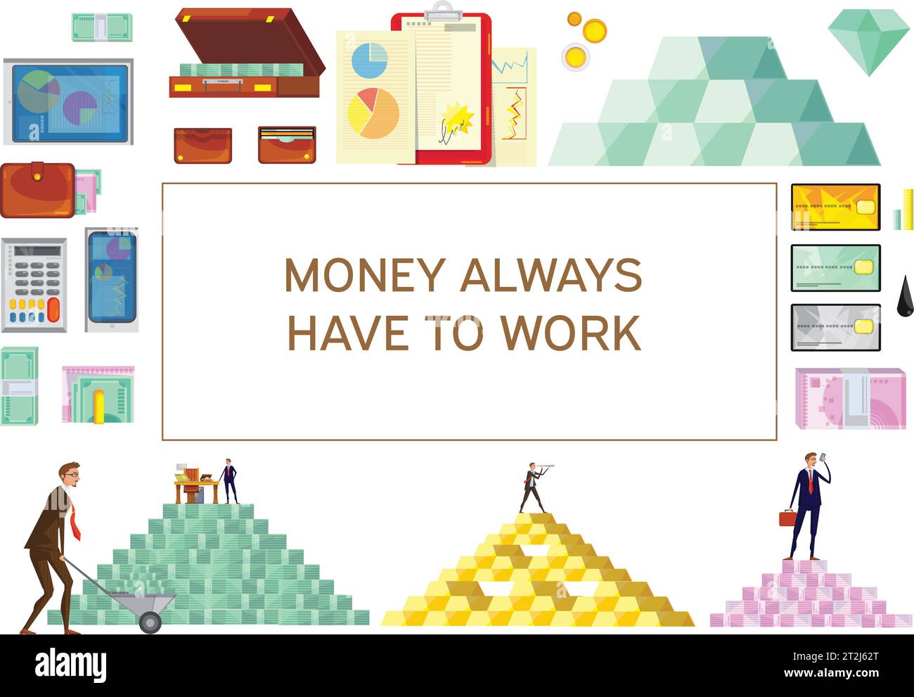 Financial wealth banner with flat isolated images of money pyramids ...
