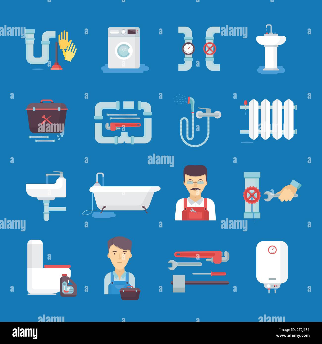 Plumber flat icons collection with toilet sink water heater on dark ...