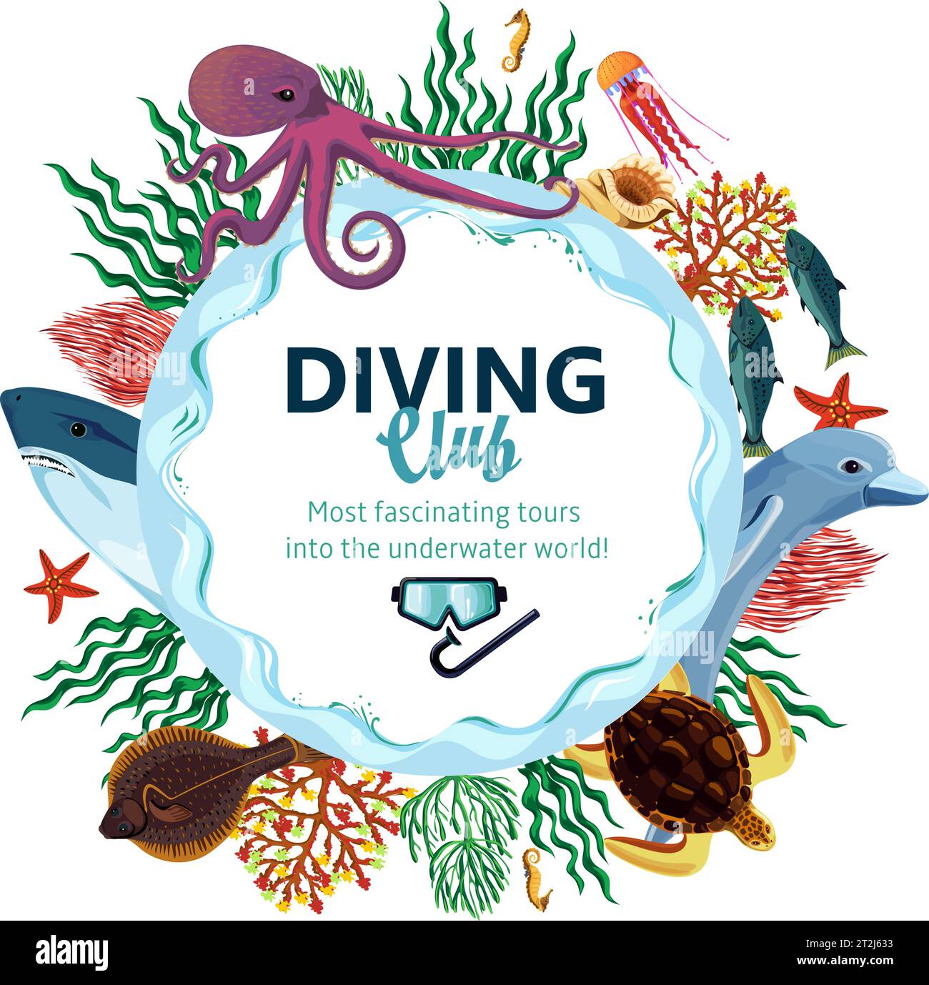Diving club advertising with round decorative frame consisting of sea ...