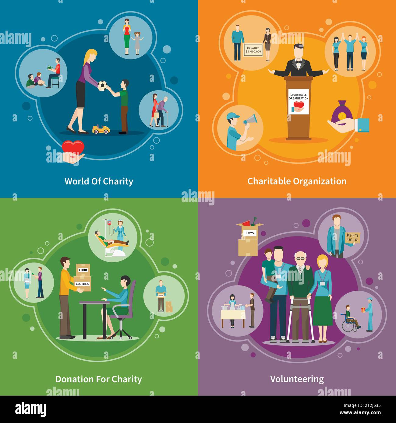 Charity donation volunteering and charitable organizations 2x2 icons set on bright colorful ...