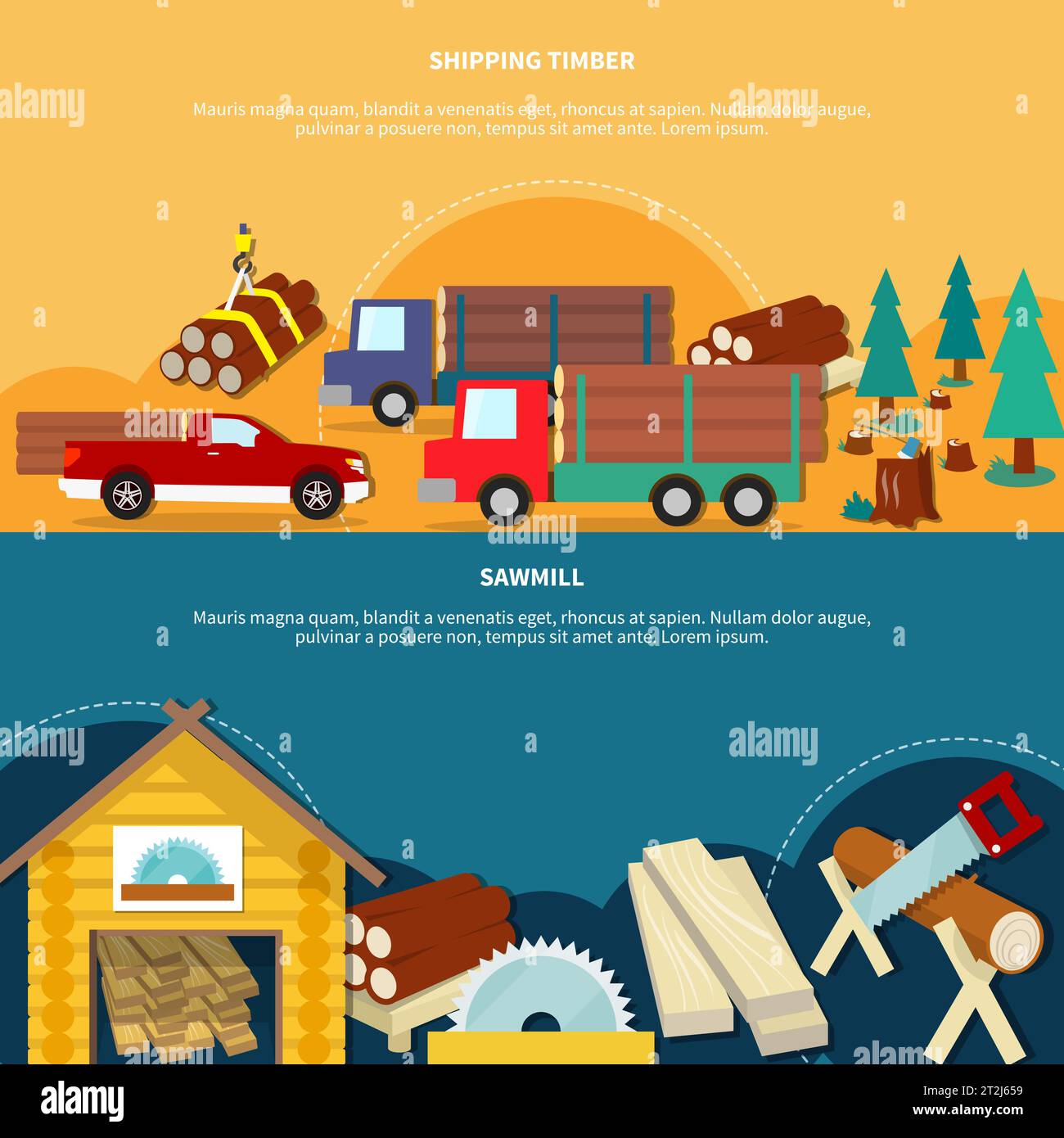 Two different flat and colored lumberjack banner set with shipping ...