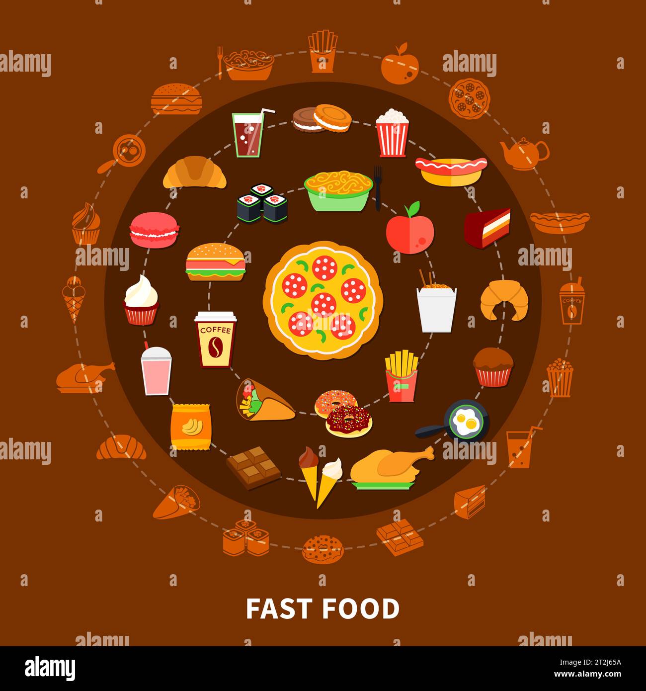Fast food menu icons circle composition with salami pizza center on ...
