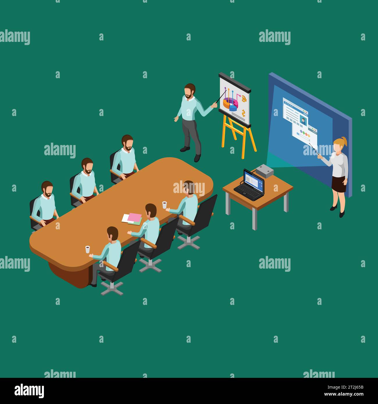 Isometric presentation room concept with clerks listening to reports ...