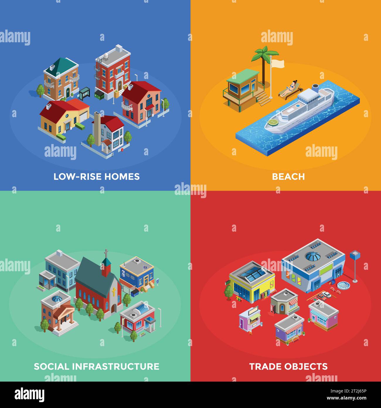 Isometric city 2x2 icons set with low-rise and historic buildings beach ...