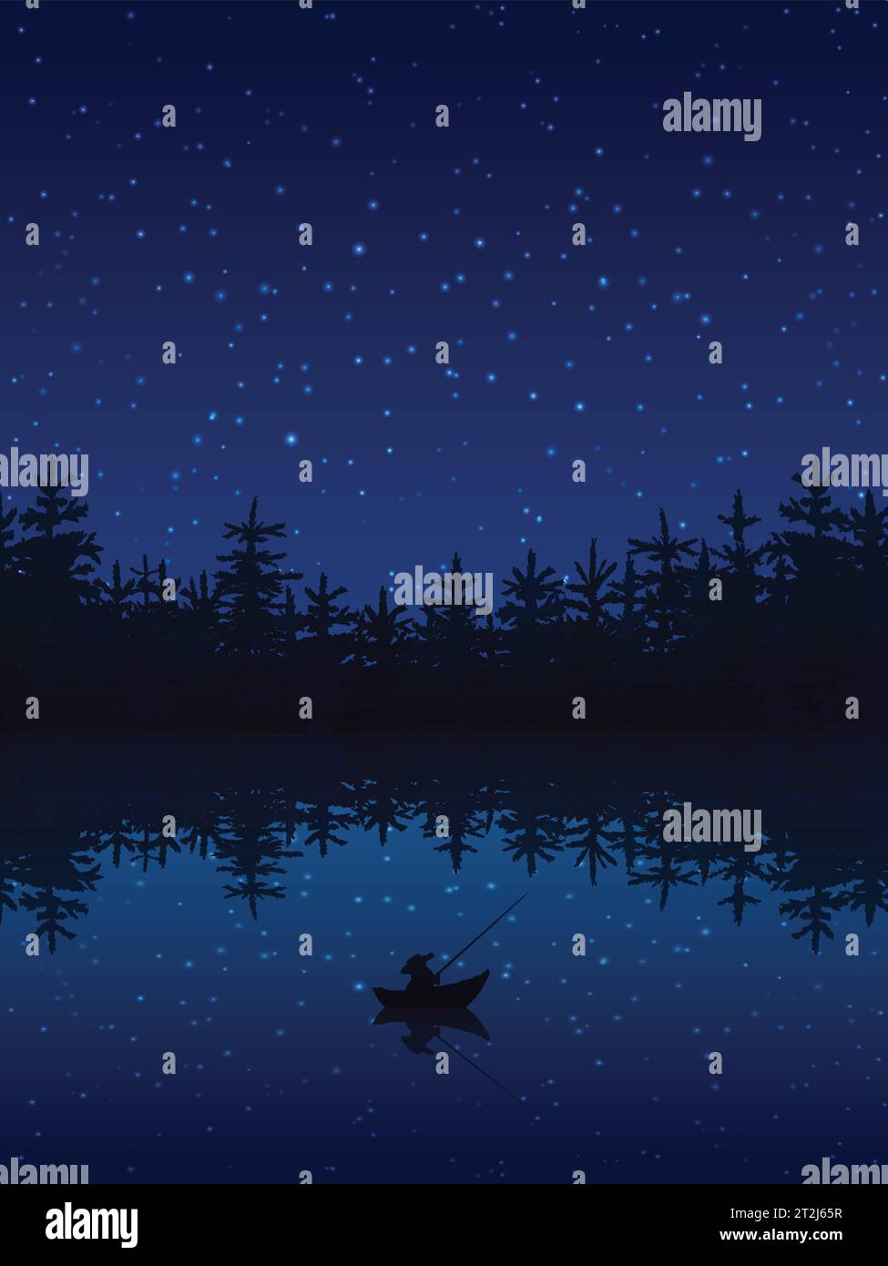 Fishing at night near a forest with boat and rod flat vector ...