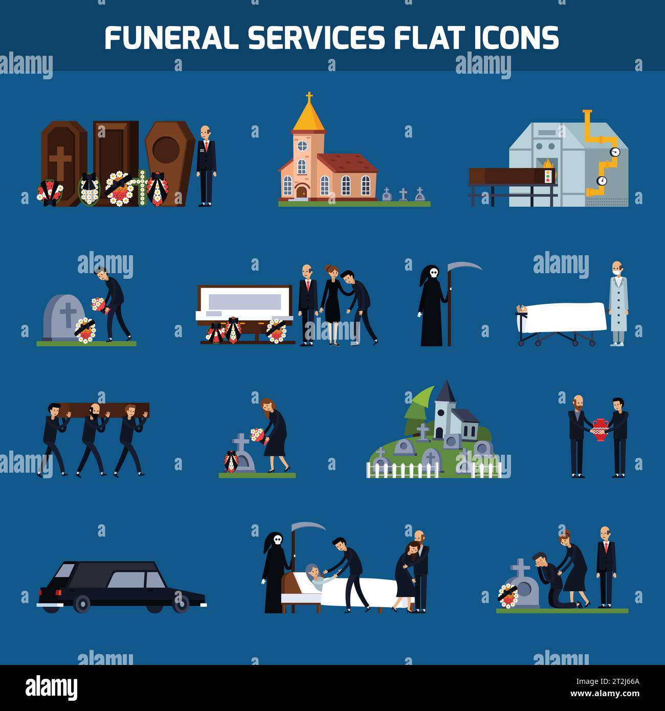 Colored and isolated funeral services flat icon set with death figure ...