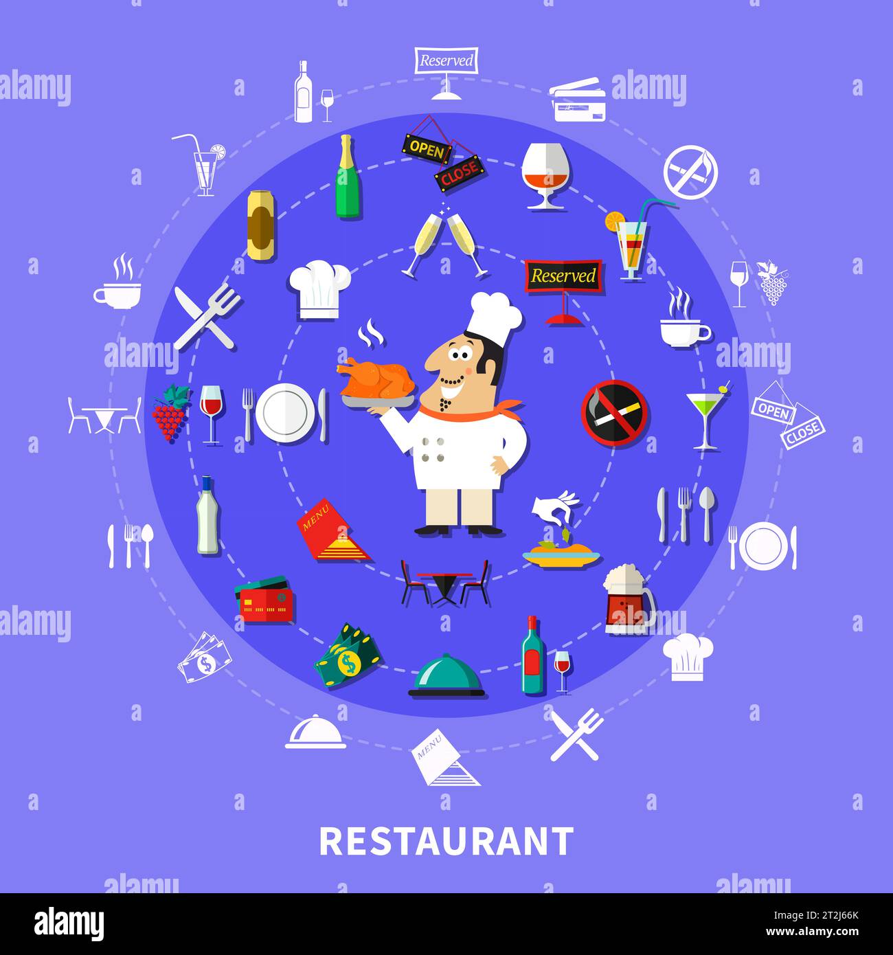 Restaurant circle composition with cartoon cook character surrounded by ...