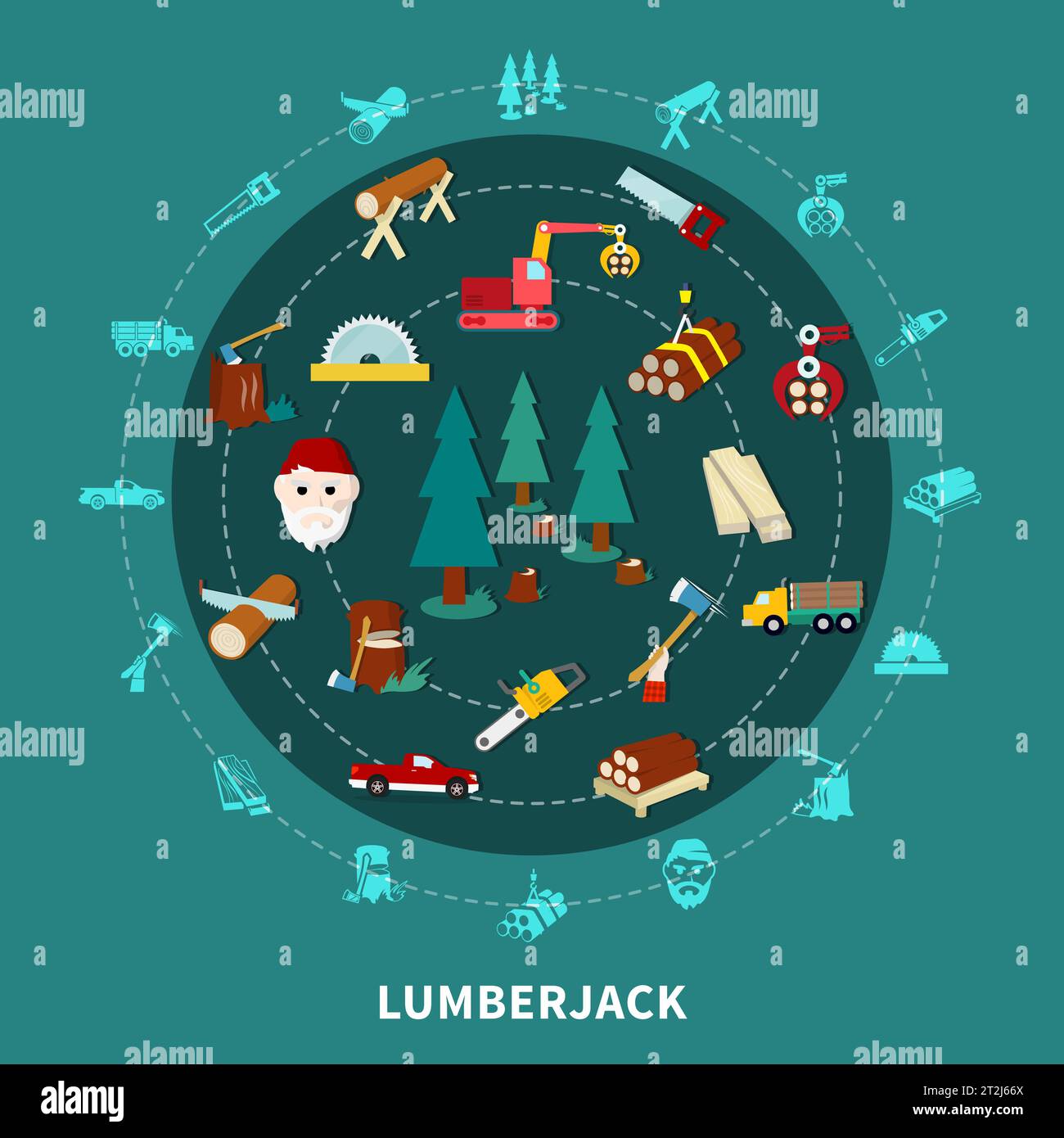 Lumberjack flat colored round composition with tools for work equipment ...