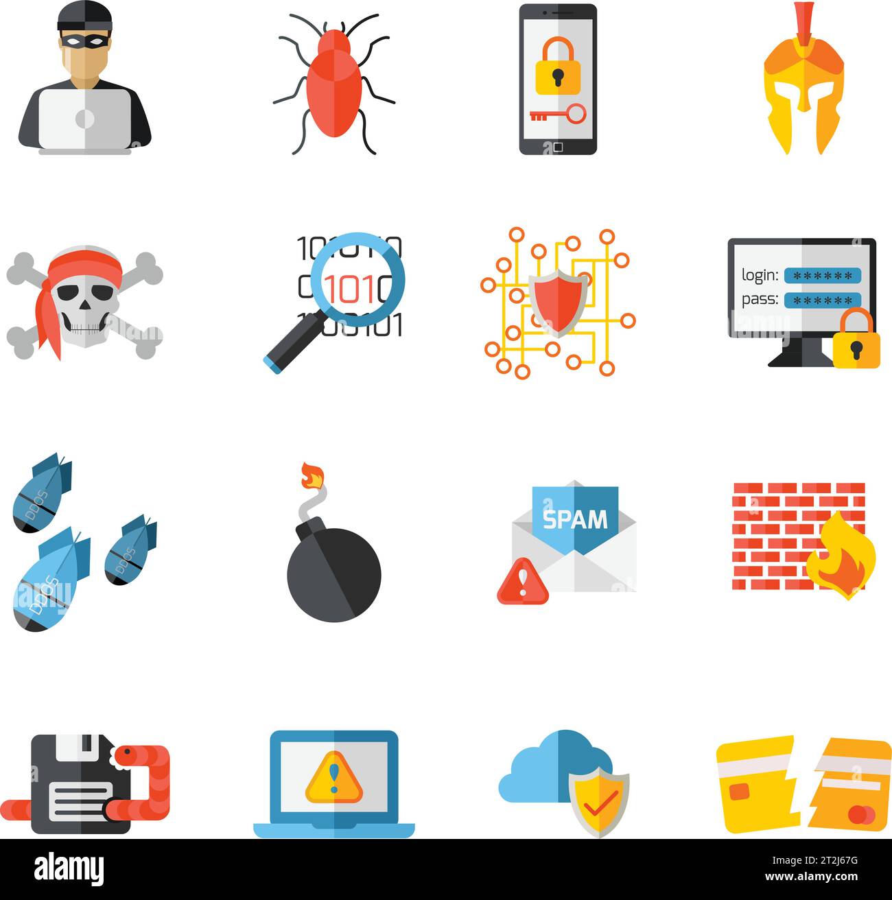 Set of sixteen flat isolated hackers decorative icons and pictograms ...
