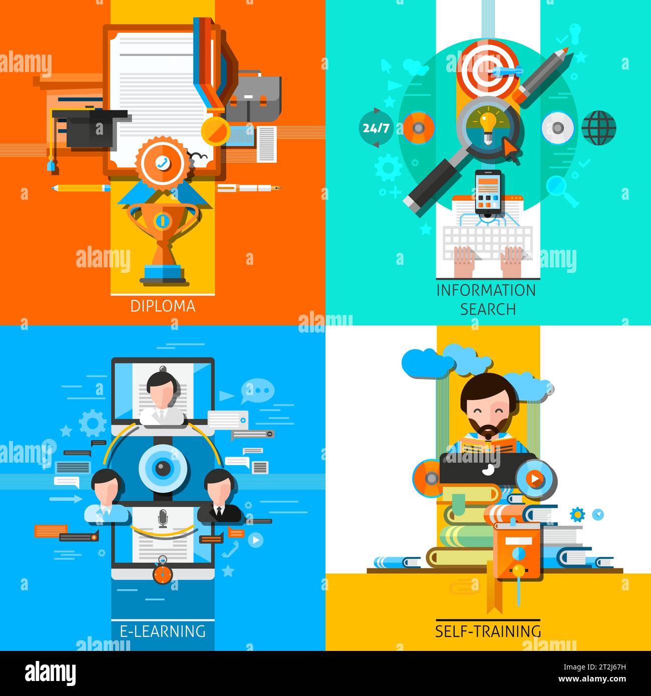 Online education concept icons set with diploma and information search ...