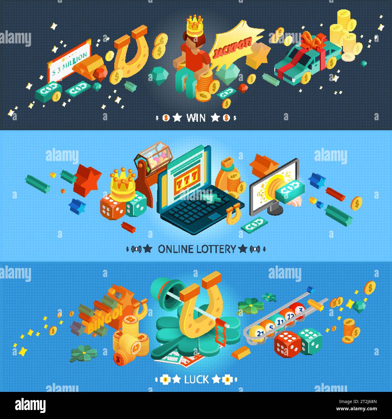 Lottery horizontal isometric banners set with win and luck symbols ...