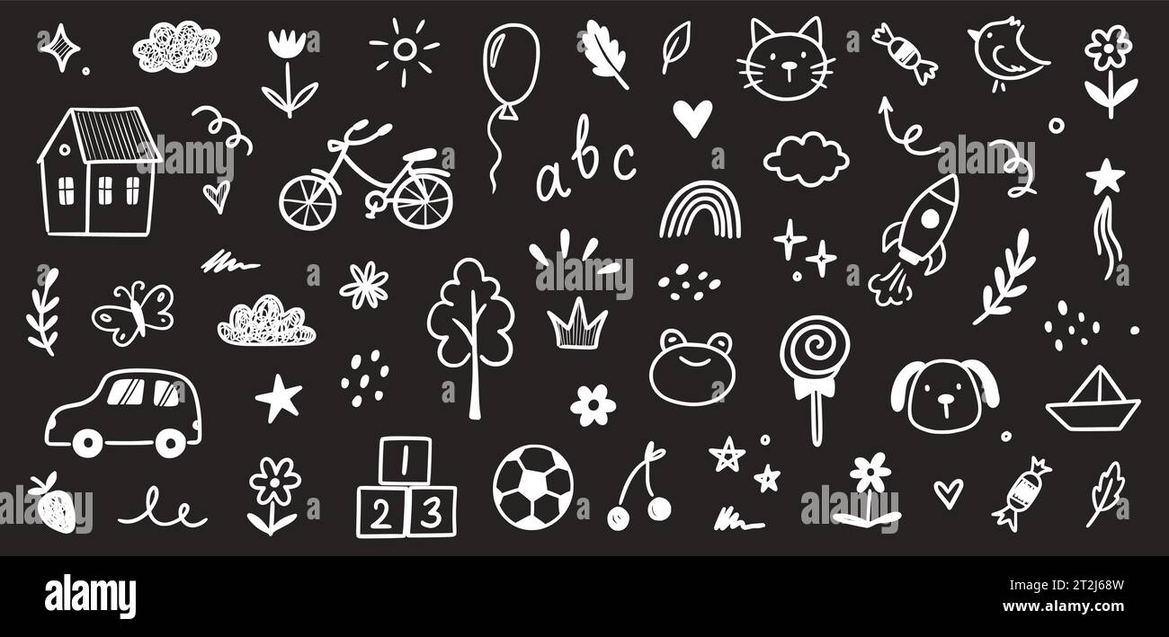 Children school, kindergarten vector doodle set on chalkboard. Cute ...