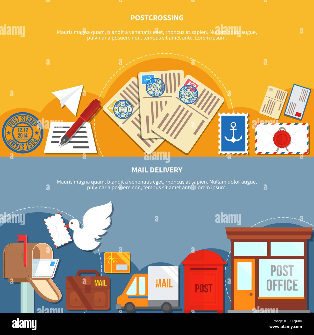 Postal services horizontal banners with postcrossing in yellow color ...