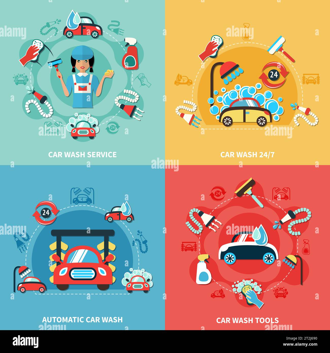 Four square car wash 24/7 colorful compositions with cartoon cars ...